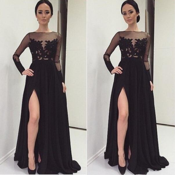 S586 Black Slit Prom Dress, Long Sleeve Prom Dresses, Sexy See Through ...